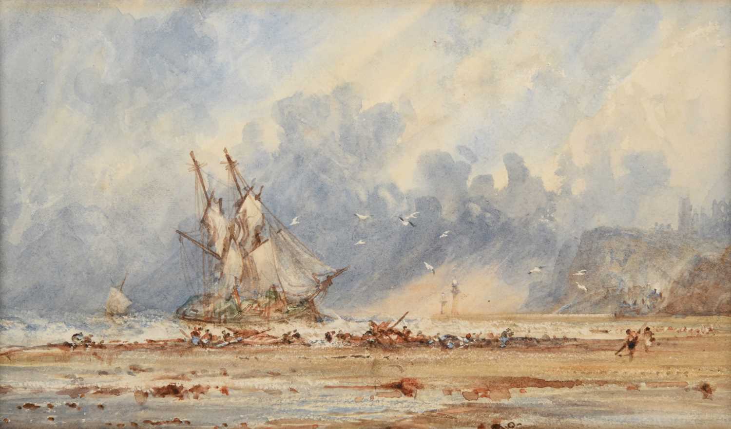 George Weatherill Watercolor Painting of the Shore at Upgang with ...